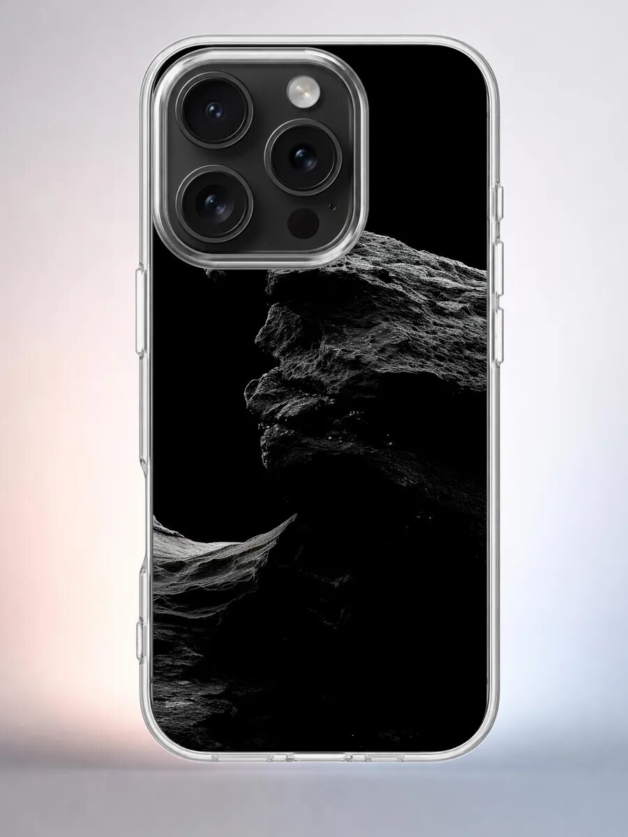 Чехол iPhone 15 Pro скала на чёрном силиконовый прозрачный