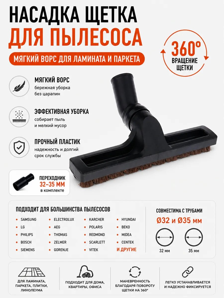 Щетка для пылесоса мягкий ворс паркет+ламинат с адаптером 32-35 BRUNER (MPVC-00095)