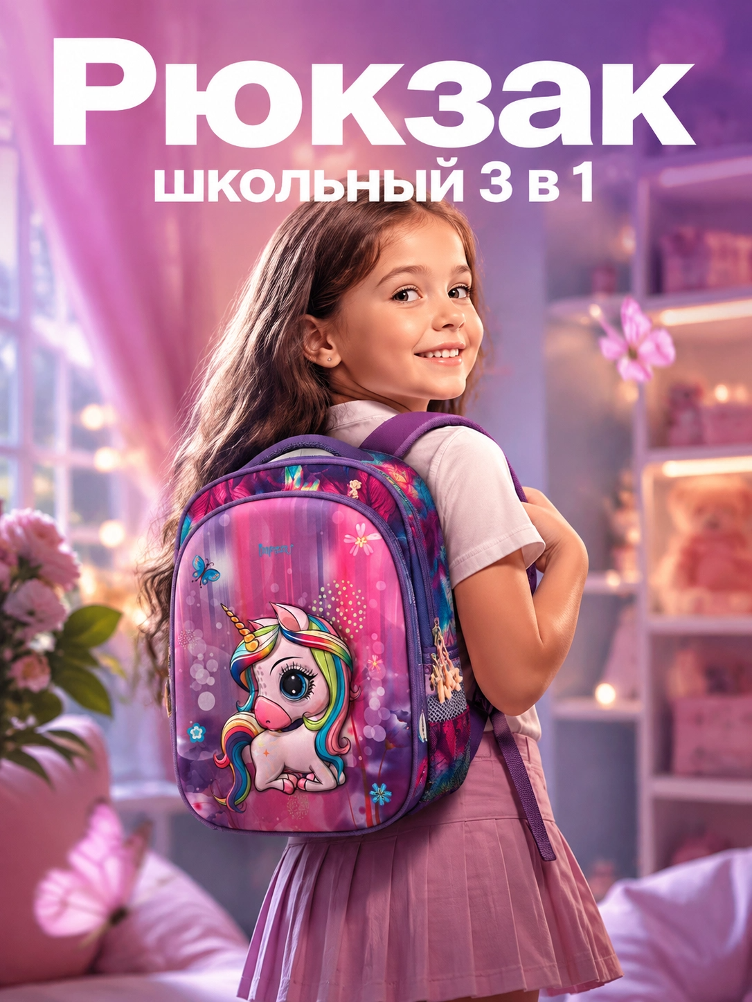 Рюкзак школьный для девочки с мешком и пеналом в начальную школу