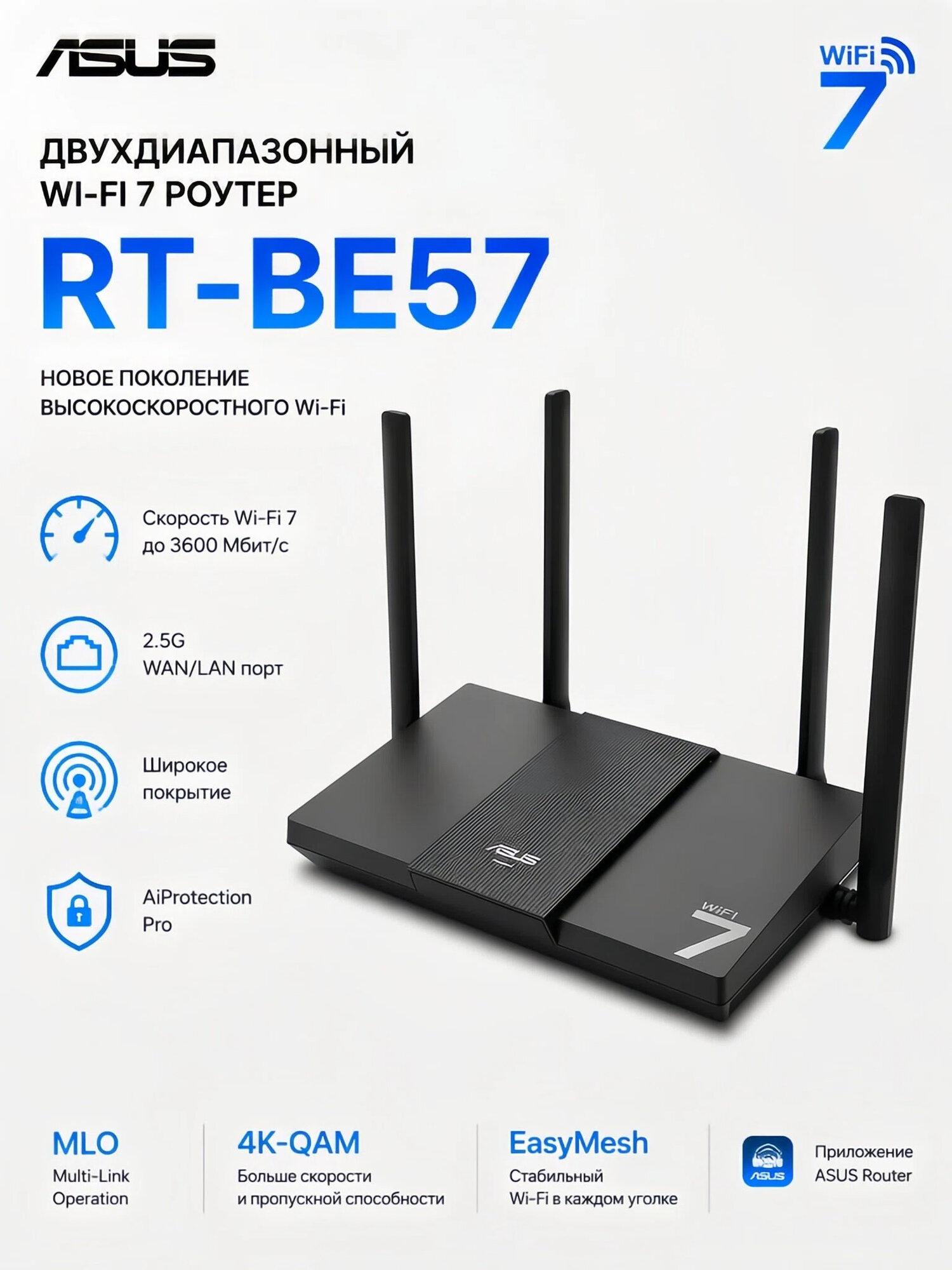 Компактный роутер ASUS RT-BE57 тонкий корпус Wi-Fi 7 3600 Мбит/с порт 2.5 Гбит для маленьких квартир