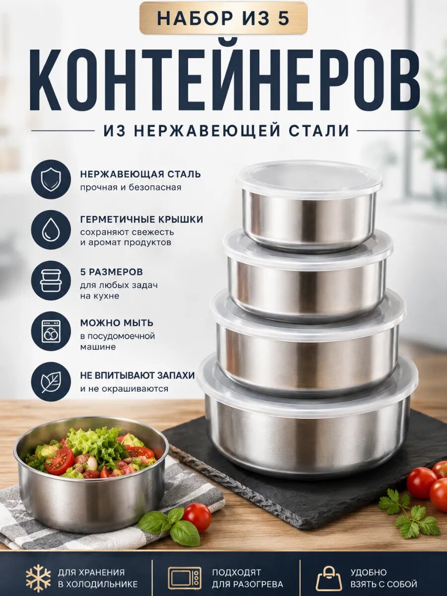 Контейнеры для хранения еды металлические набор 5 шт