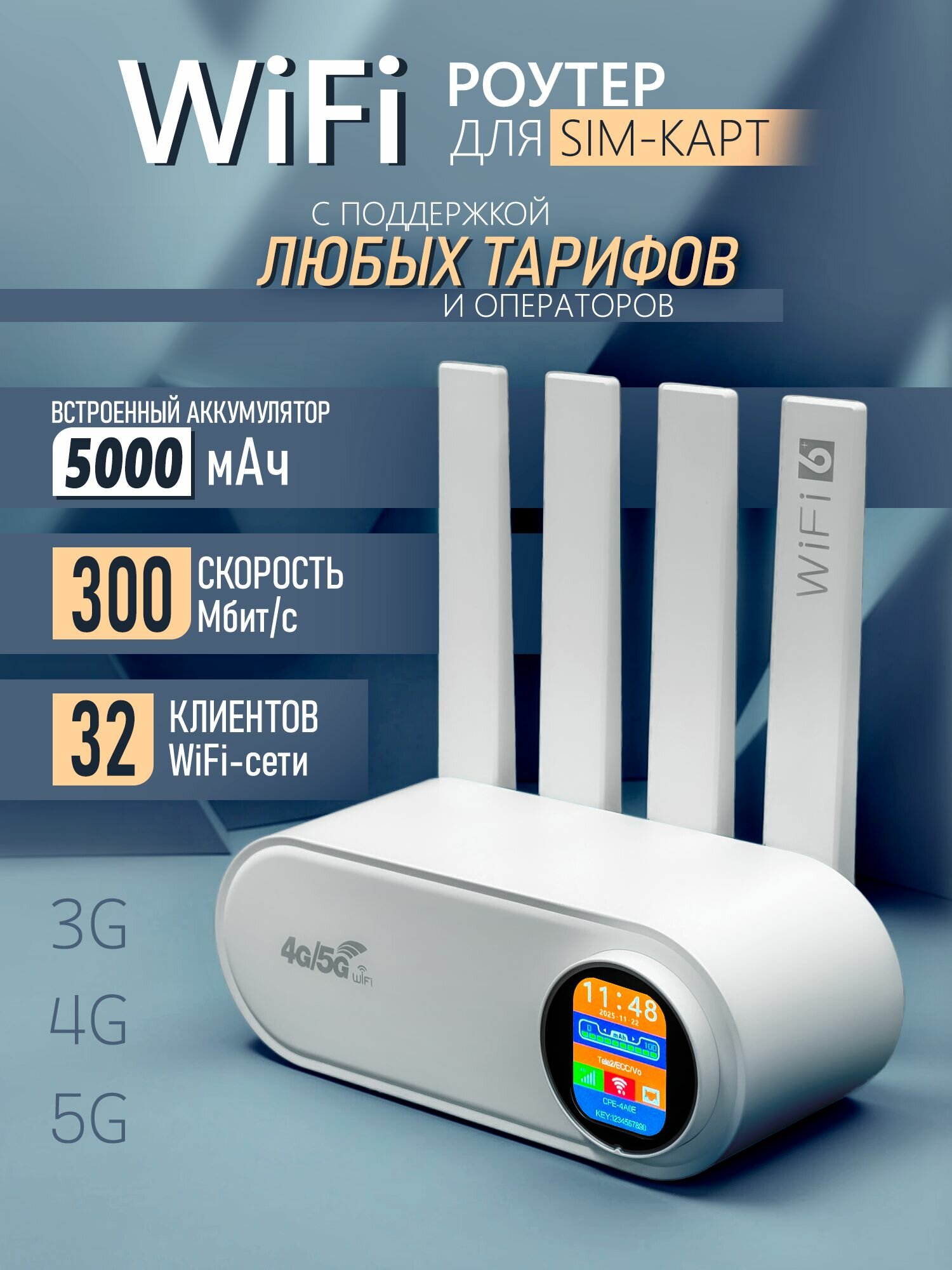 4G WiFi роутер беспроводной прошитый WR860 300 Мбит/с для любых сим карт IMEI TTL + батарея 5000 мАч + функция WiFi репитера ( повторителя ) ( NEW 2026 )