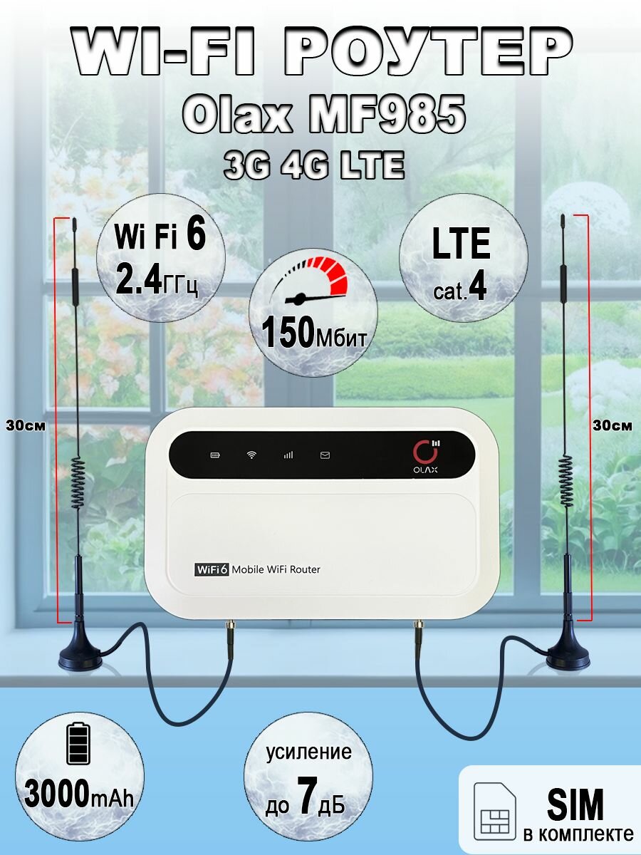 Роутер 4G wi fi MF985 с сим картой, карманный, акб 3000mAh, внешние антенны 7дБ