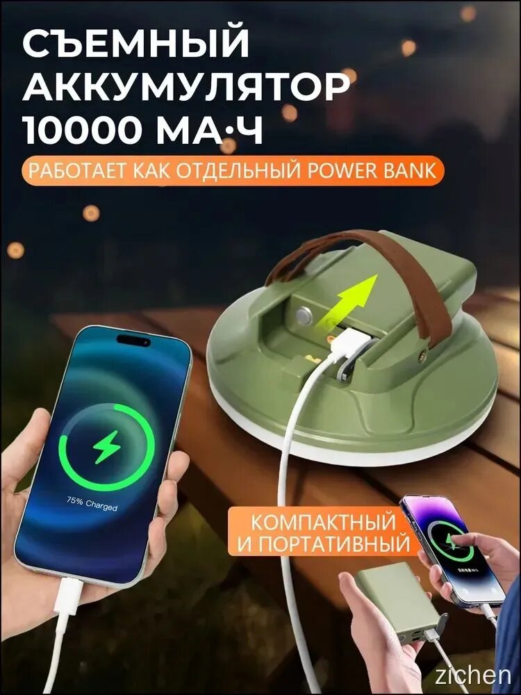 Кемпинговый фонарь-Power Bank Zichen, 4 режима освещения, IP65, зеленый, 4800 Лм, 100 Вт, 10 м — фото 1