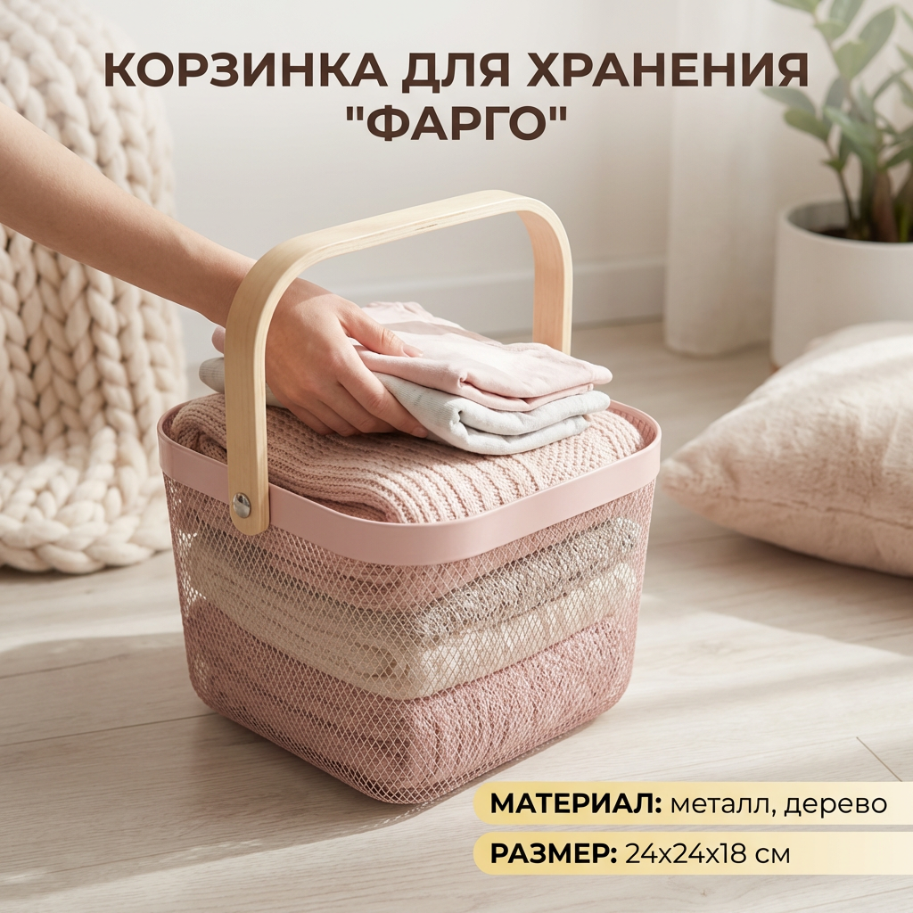 Корзина для хранения металлическая с деревянной ручкой «фарго», розовая, 24х24х18см