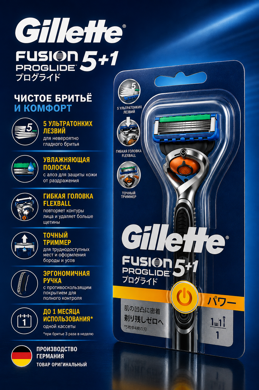 Бритвенный станок Gillette Fusion5 ProGlide с успокаивающими микроимпульсами, 5 лезвий, 1 кассета
