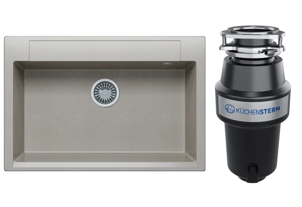 Комплект Мойка Polygran Argo 760 76x51, серая, искусственный гранит / Измельчитель KUCHENSTERN Muhle 351MU35 механический, нержавеющая сталь