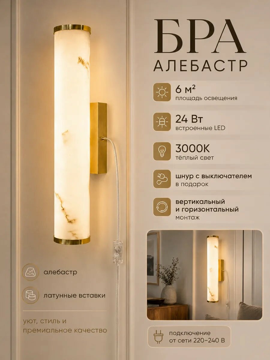 Бра настенное светодиодное мрамор латунь длинное в спальню