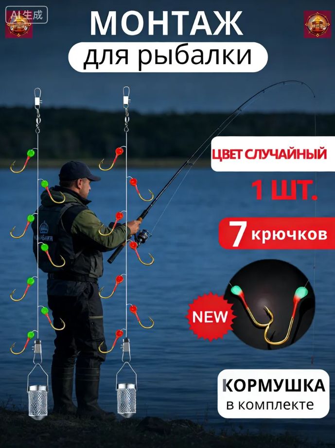 Готовая рыболовная снасть Убийца карася с 7 крючками и пружинными кормушками, донная монтаж для ловли карася, карпа и леща донка оснастка