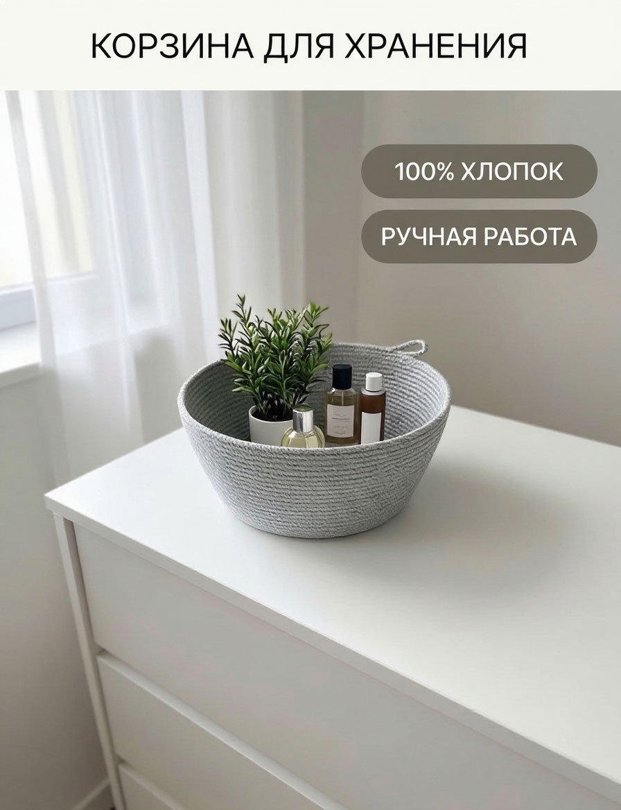 Корзина для хранения из хлопкового шнура, 21х10 см, цвет Лен (светло-серый), 1 шт.