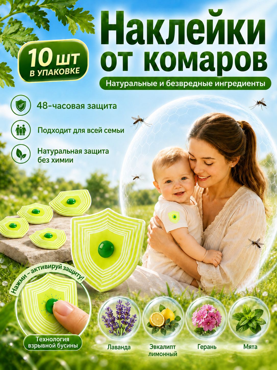 Наклейки от комаров для детей, От комаров, 10 шт антимоскитные