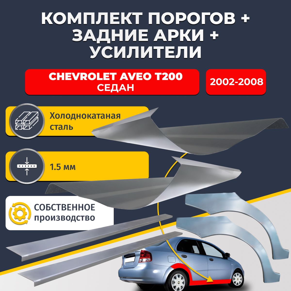Комплект ремонтных задних арок(0,8 мм) и стандартных порогов(1,5 мм) + усилители (1,5 мм.) на Chevrolet Aveo T200 2002-2008 седан (Шевроле Авео Т200). Материал холоднокатаная сталь.