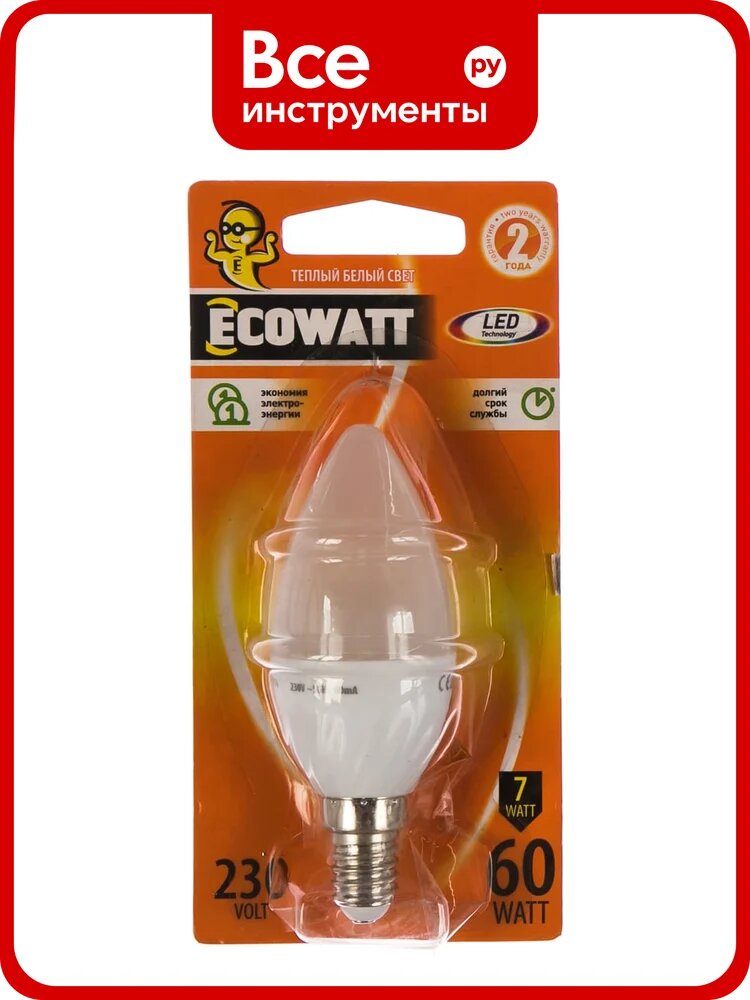 Светодиодная лампа ECOWATT B35 230В аналог 60W 2700K E14 теплый белый свет свеча 4606400419297