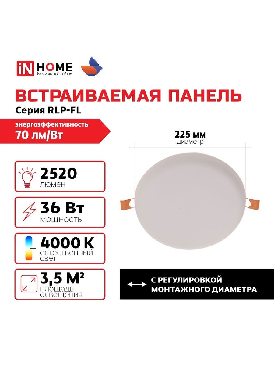 IN HOME Светильник потолочный RLP-FL 36 Вт, 4000 К, круглый, 2520 Лм, 225мм, IP20, встраиваемый, 50-210мм
