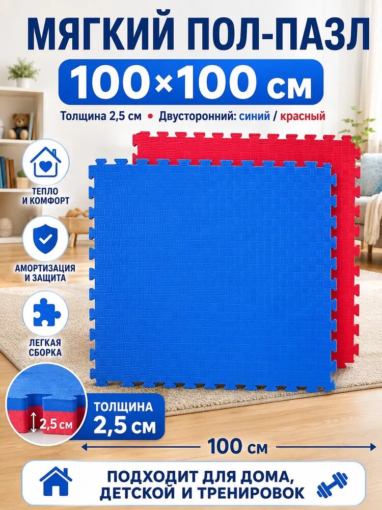 Будо мат татами 100 x 100 см, толщина 2.5 см, красно-синий, Премиум качество