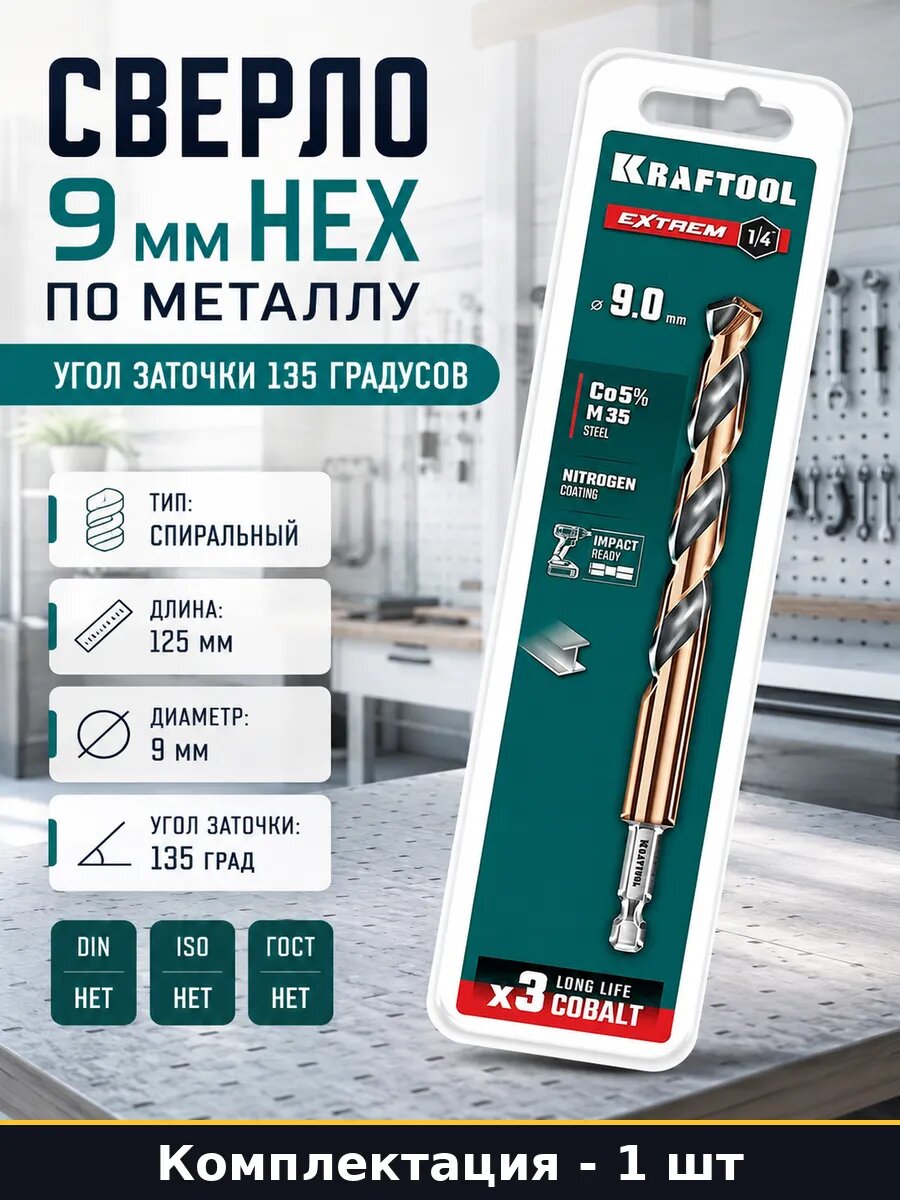 Сверло 9 мм HEX по металлу угол заточки 135 градусов