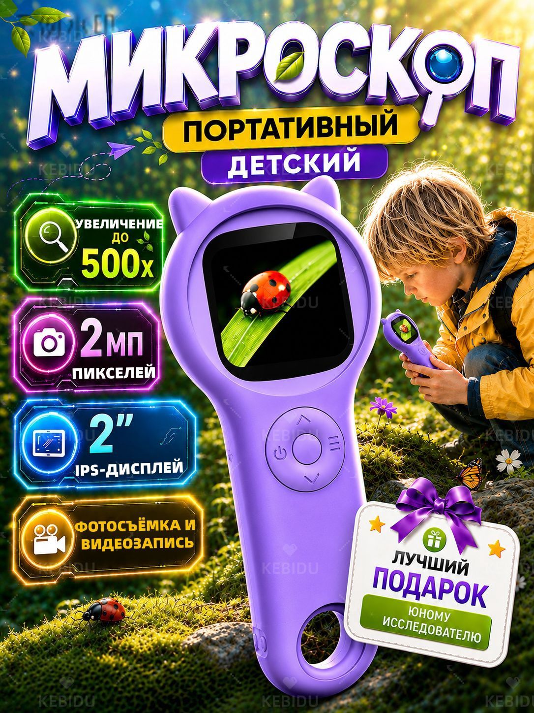 Подарочный детский микроскоп лупа, карманный, с увеличением, цифровой, с подсветкой, 500 кратным зумом для школ