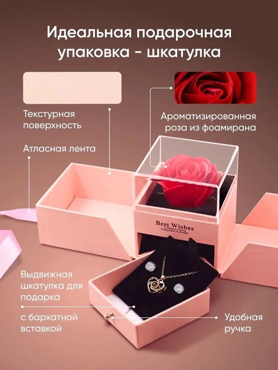 Подарочный набор для девушки, мамы, женщины: кулон с проекцией, серьги, роза, коробка и открытка