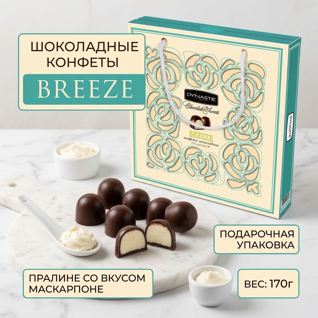 Конфеты Dy Nastie шоколадные "BREEZE" пралине со вкусом маскарпоне /сумка с узорами/ 170г