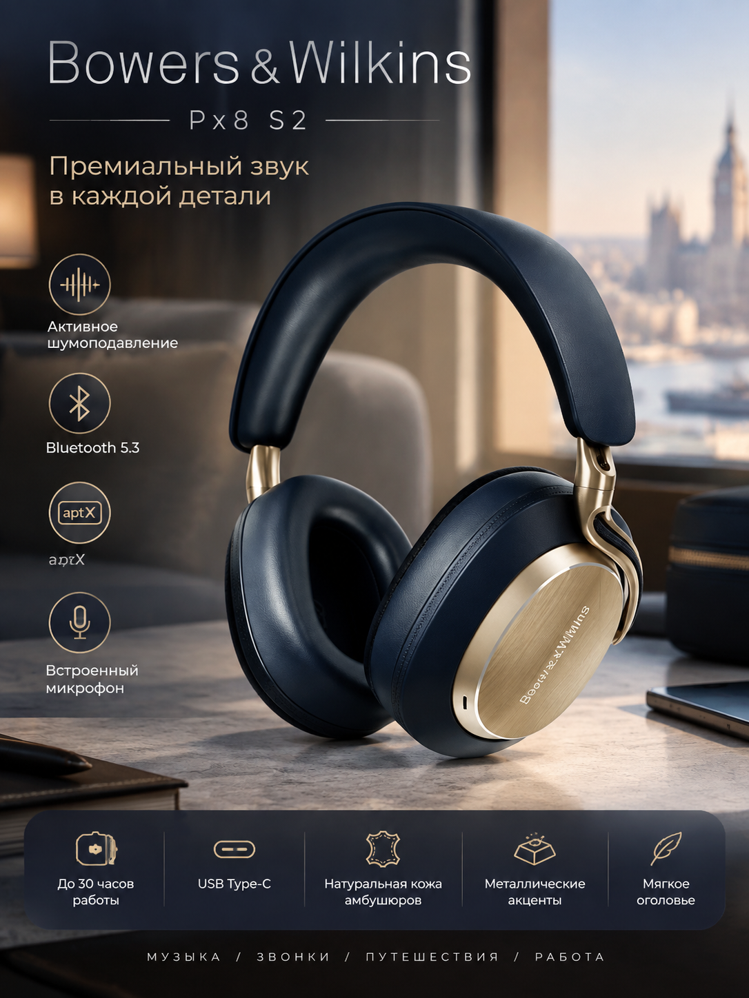 Беспроводные полноразмерные наушники с ANC, Bluetooth 5.3, 40-мм драйверами и до 30 часов работы