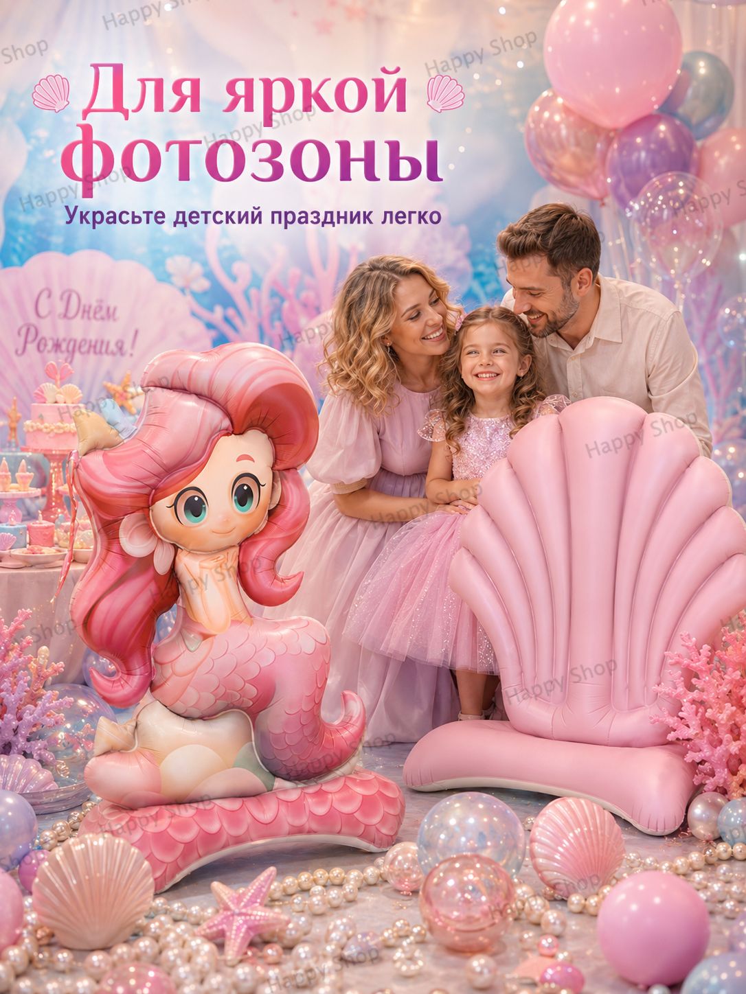 Набор фольгированных стоячих шаров 2 шт, Русалка и Ракушка, большие 3D воздушные шары для дня рождения, фотозоны, детской вечеринки, декор в морском стиле