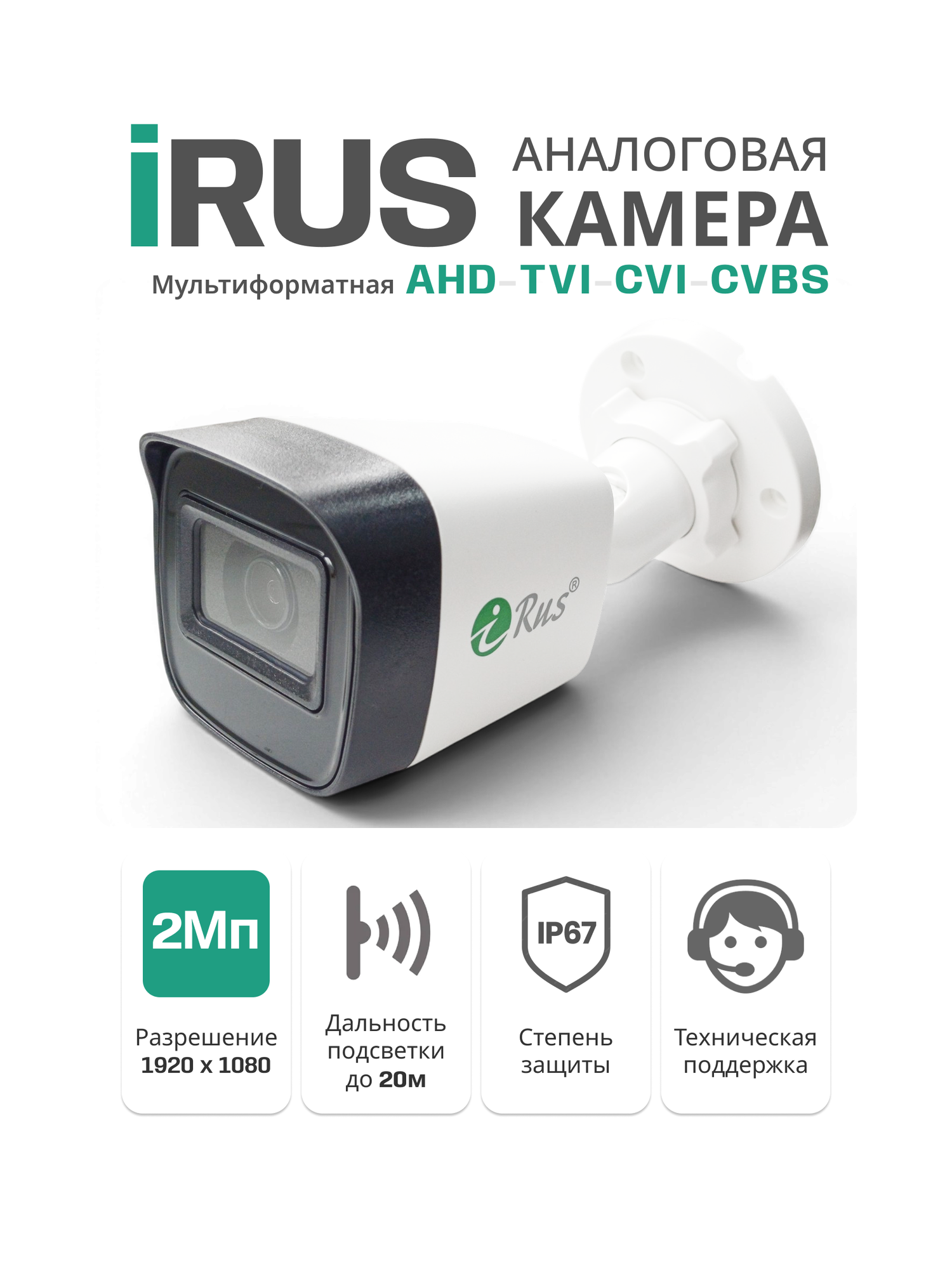 Камера видеонаблюдения аналоговая IRUS 2Мп, TVI/AHD/CVI/CVBS EXIR-подсветка