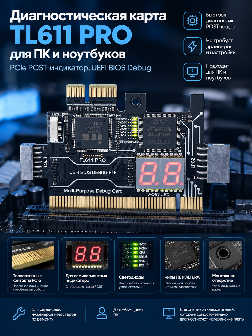 Диагностическая карта TL611 PRO для ПК и ноутбуков: PCIe POST-индикатор, UEFI BIOS Debug