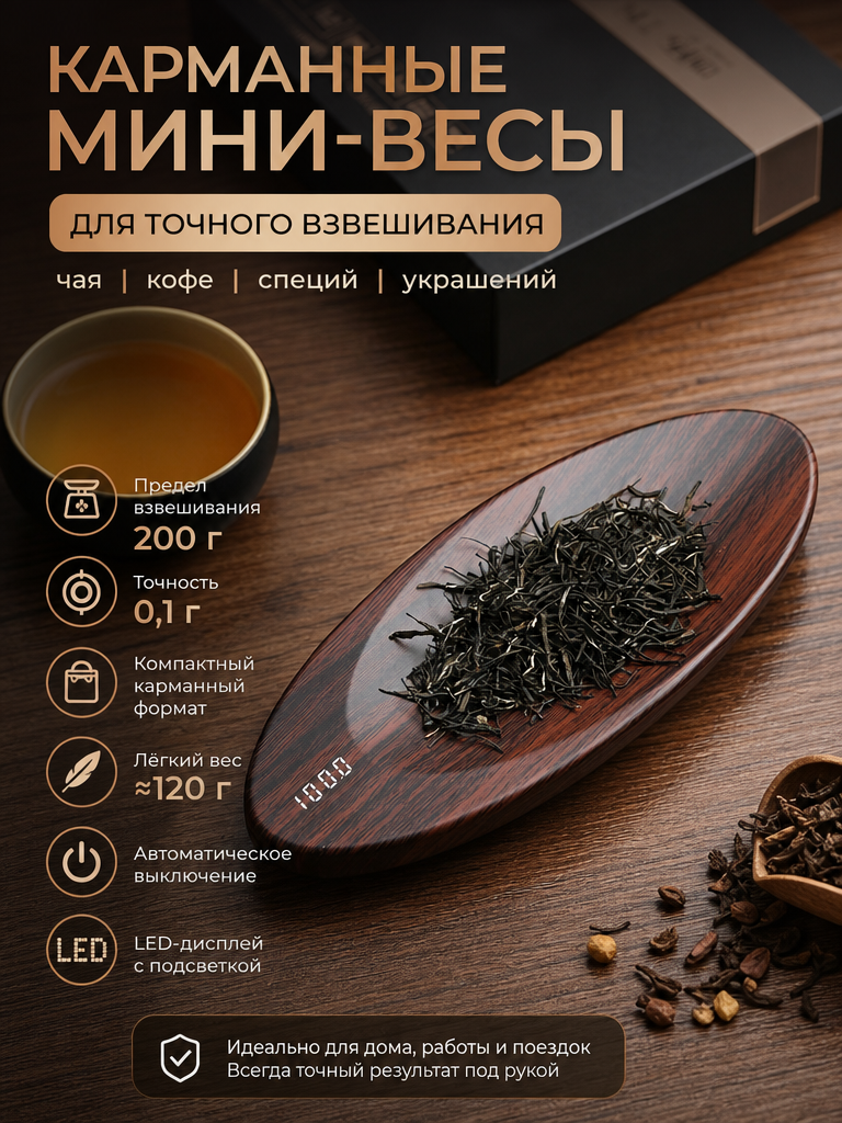 Мини-весы электронные карманные 200 г / 0,1 г с деревянным покрытием для чая, специй и украшений