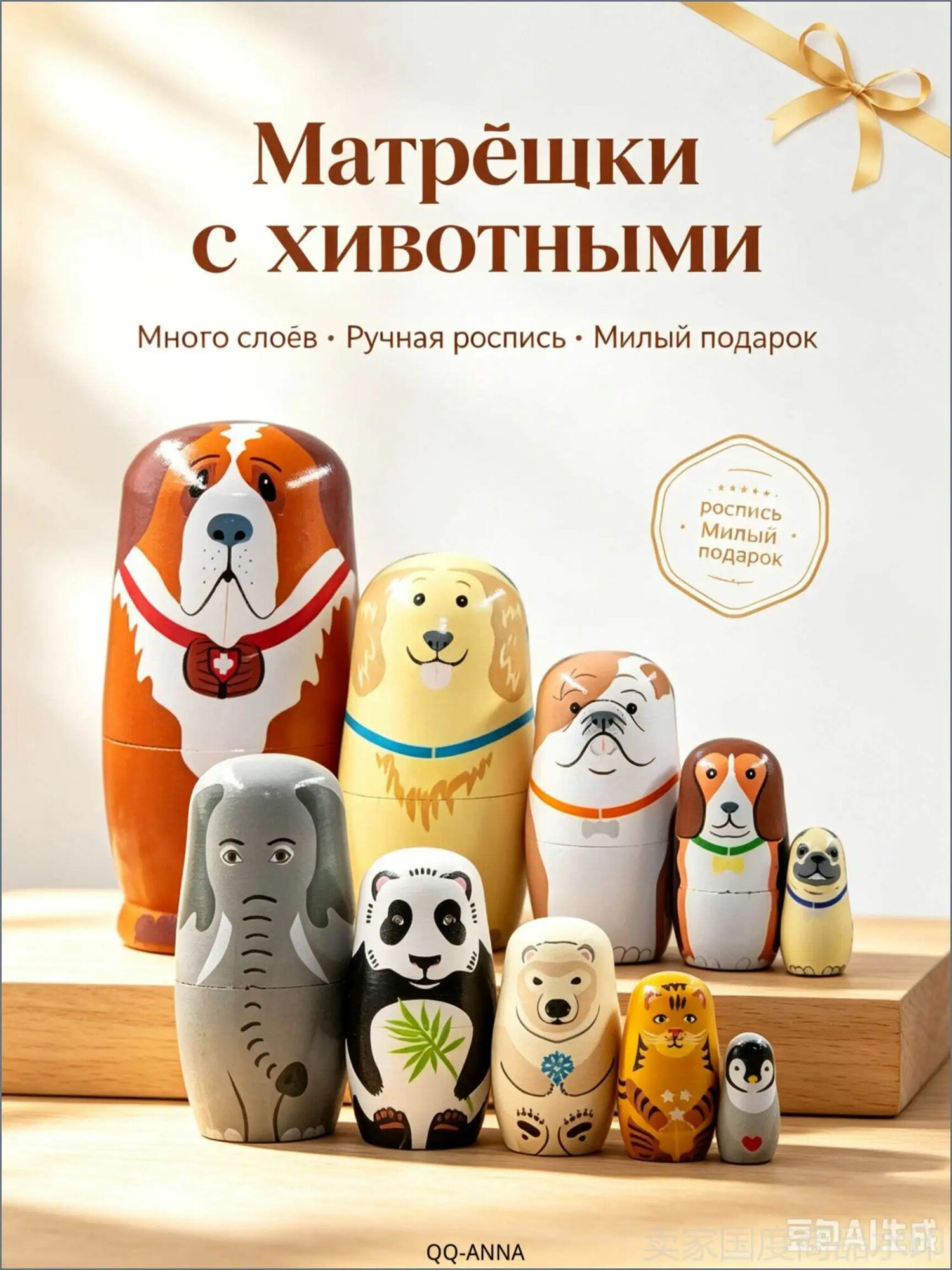 Деревянные матрёшки 10 шт, ручная роспись, животные, развивающая игрушка, сувенир, подарок