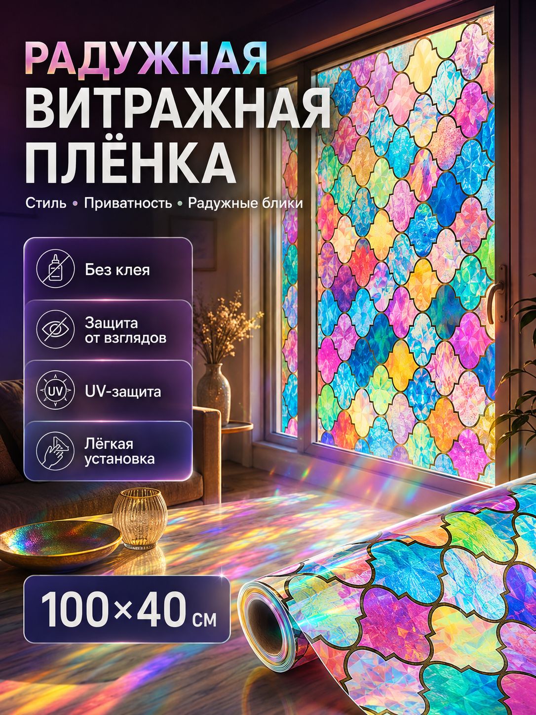 Витражная плёнка для окон, без клея, декоративная статическая плёнка для стекла, защита от взглядов и УФ-лучей, 100 40 см.