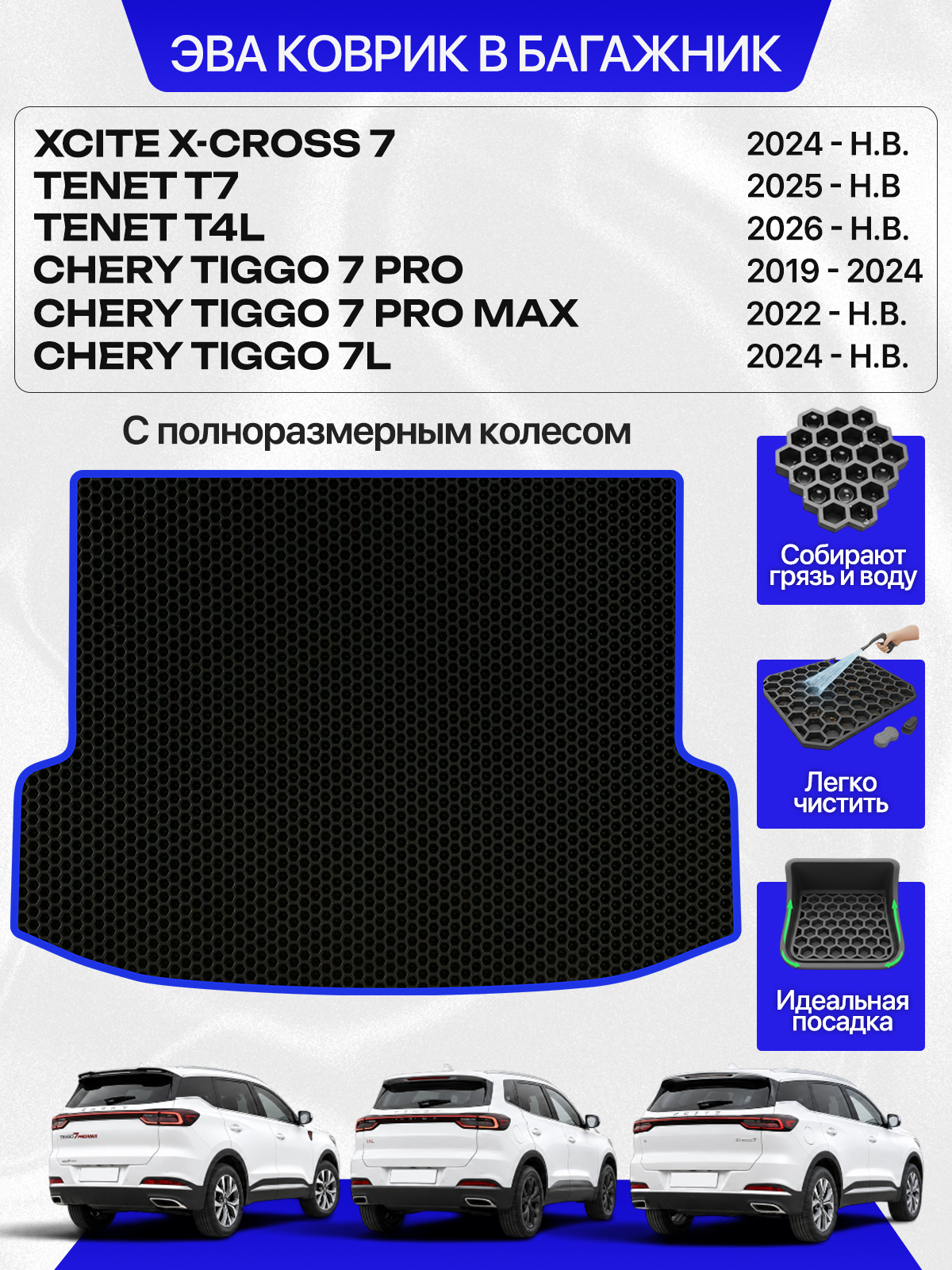 Эва коврик в багажник для XCITE X-CROSS 7, Chery Tiggo 7 Pro / 7 Pro Max, Chery Tiggo 7L, Tenet T7, TENET T4L (с полноразмерным колесом), с синим кантом ( Икссайт Икс 7, Тенет Т4Л / T7 , Черри Тигго 7 Про / 7 Про Макс / 7л )