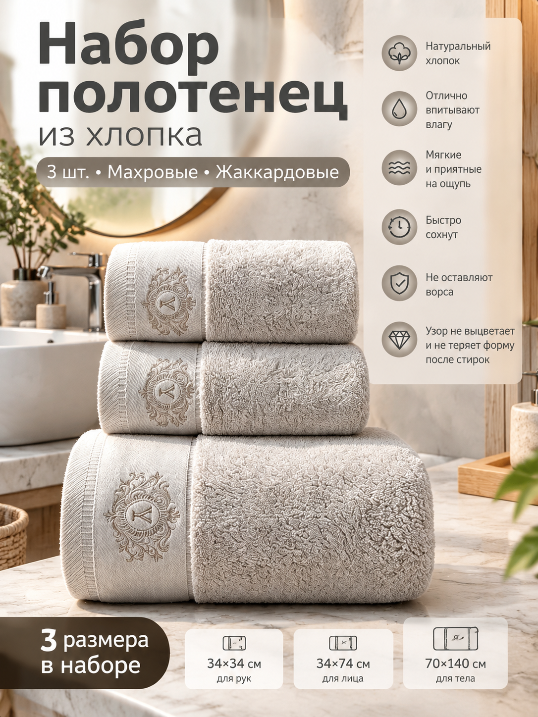 Набор полотенец из хлопка, 3 шт, махровые, жаккардовые, светло-серые, для рук, лица и тела