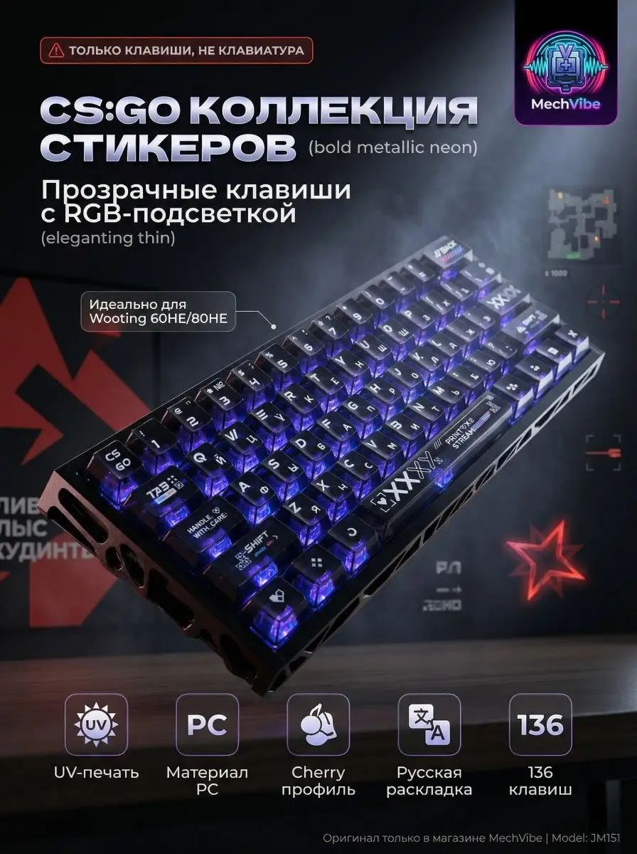 Кейкапы для механической клавиатуры (Keycaps), Кейкапы с русской раскладкой, CS2 Sticker Bomb (Black Crystal), 136 клавиш, Для Wooting 80HE / 60HE / Aula F75