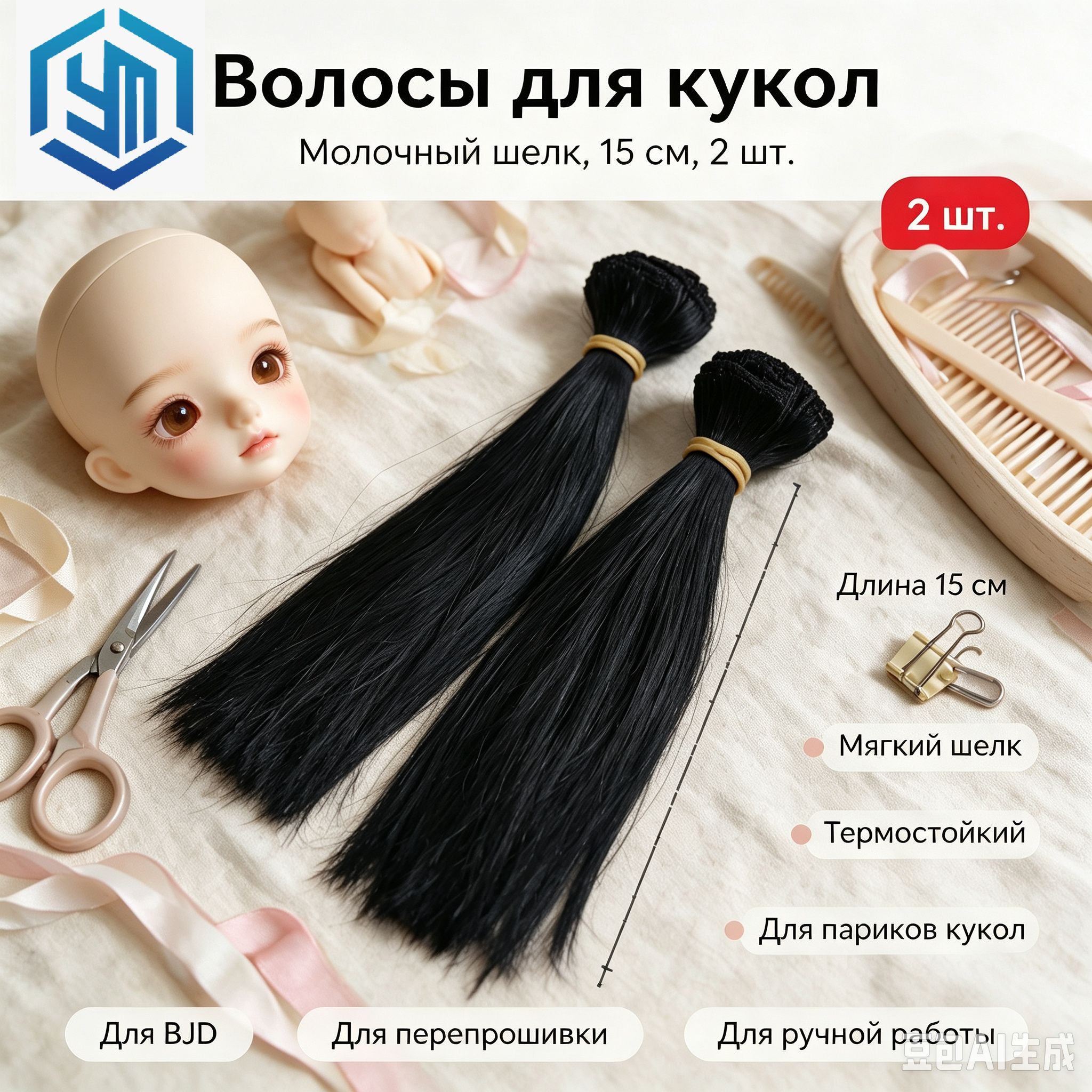 Волосы куклы прямые, цвет черный, длина волос 15 см, ширина 1 метр/кукольные косички, парики