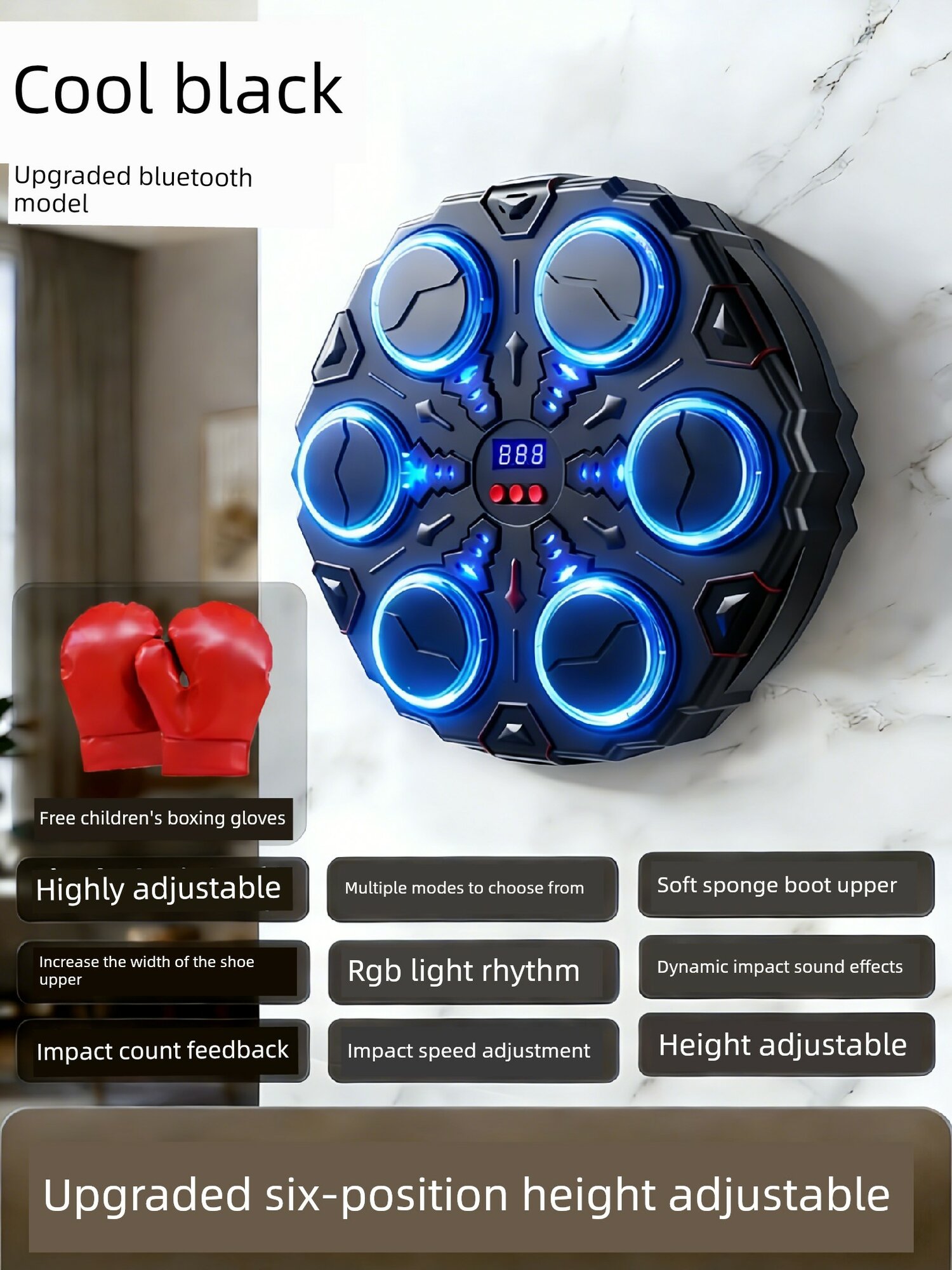 Профессиональная черная ударная груша с Bluetooth, улучшенный большой размер, полупальцевые перчатки, 3 режима,