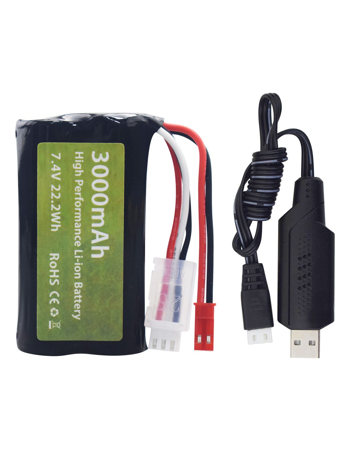 1 литий - ионная батарея 7.4V 3000 мАч с разъемом JST - 2P и зарядным кабелем USB для дистанционно управляемого автомобиля UDIRC UD1601 UD1602 SG1603