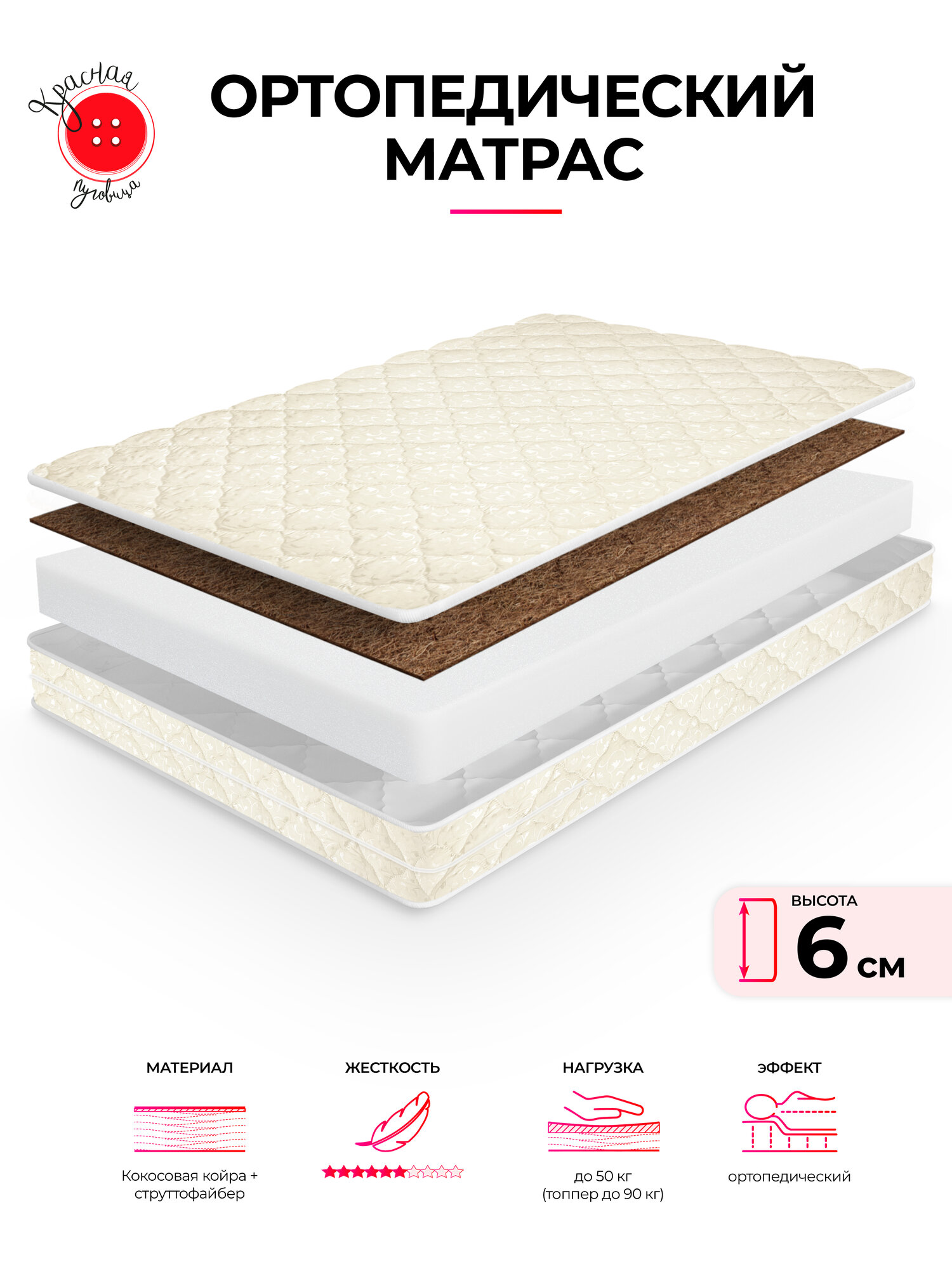 Матрас "Дуэт" Красная пуговица 120х180 см, 5 борт. Струттофайбер, кокосовая койра, бежевый
