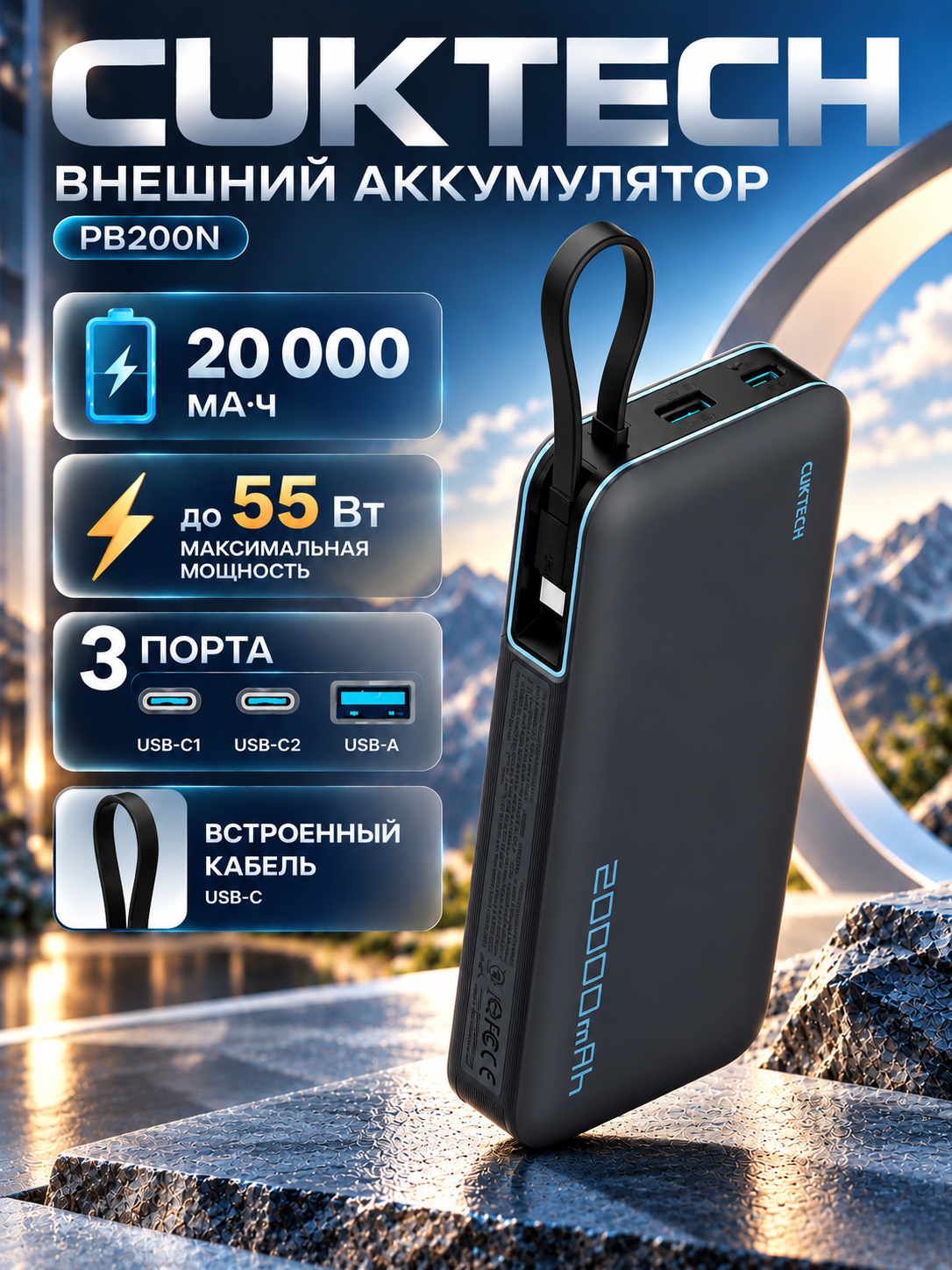Внешний аккумулятор Power Bank 20000mAh 55W в темно-сером цвете CUKTECH (PB200N) со встроенным кабелем Type-C