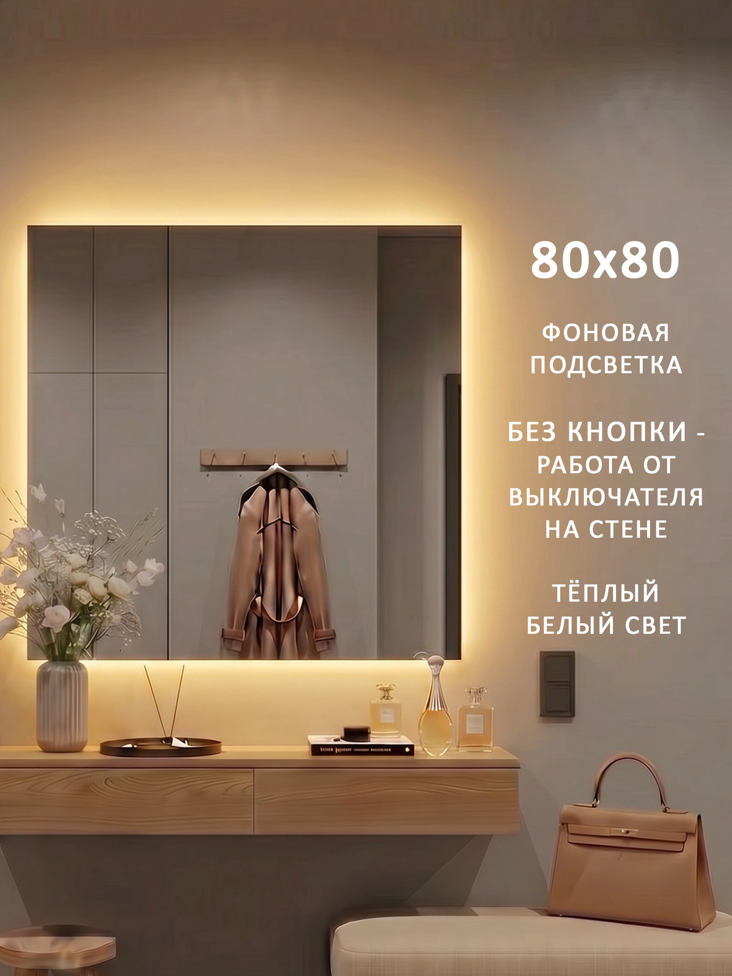 Зеркало настенное в прихожую Alias Квартал 80*80, тёплая LED-подсветка, без кнопки от выключателя