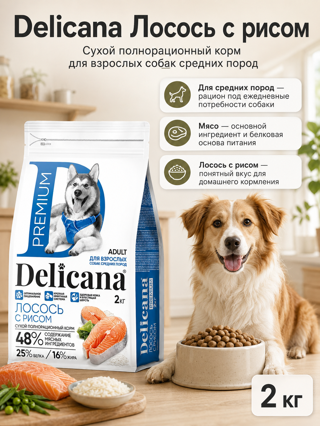 Корм для собак сухой Delicana для средних пород лосось с рисом 2кг