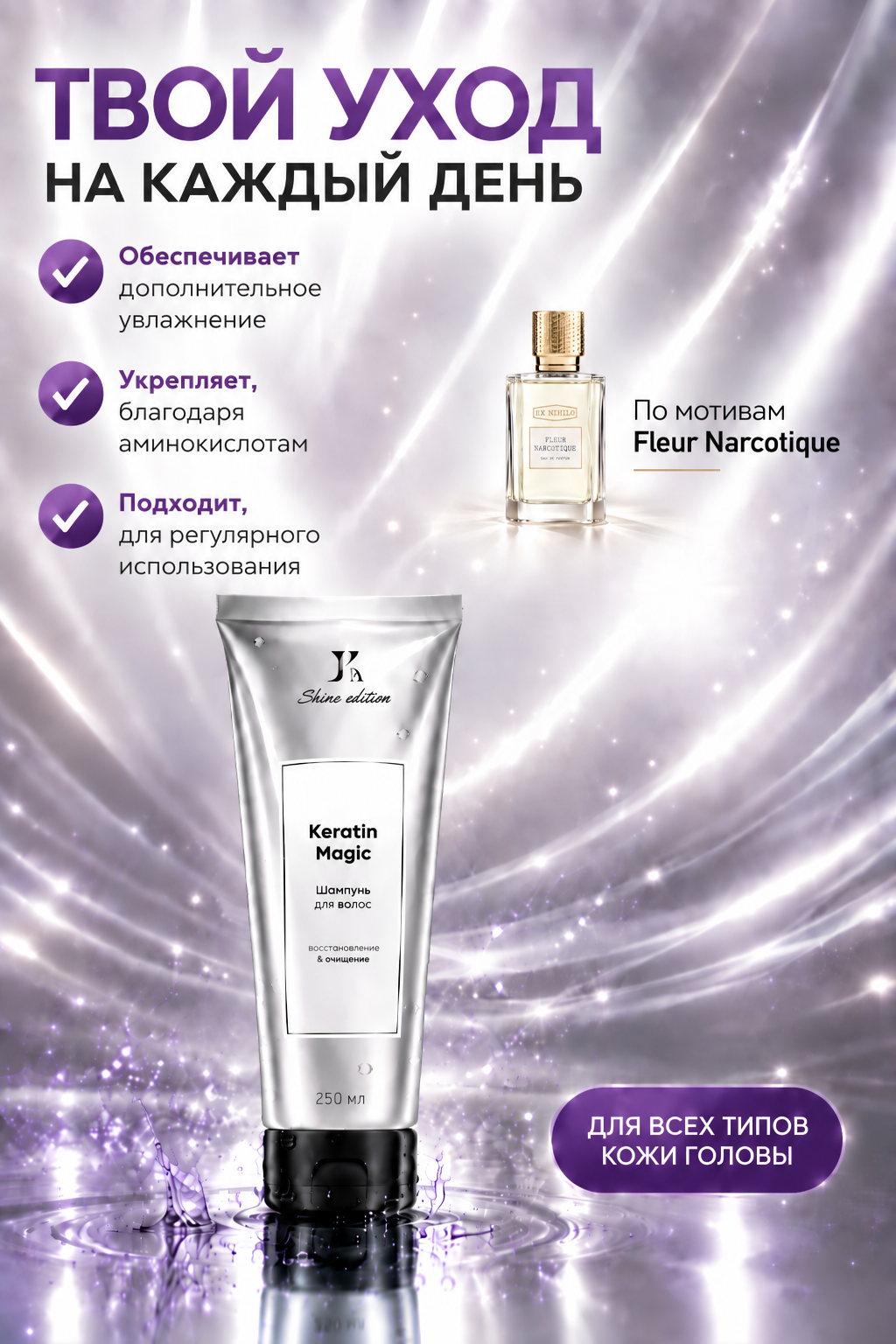 Шампунь для волос JKeratin Keratin Magic для сухих и поврежденных волос, 250 мл — фото 1