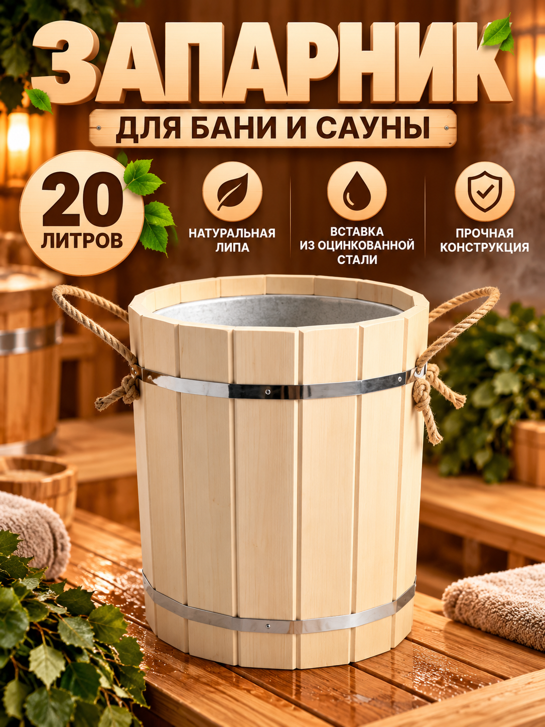 Ведро-запарник для бани, 20 л, с пластмассовой вставкой 10997374