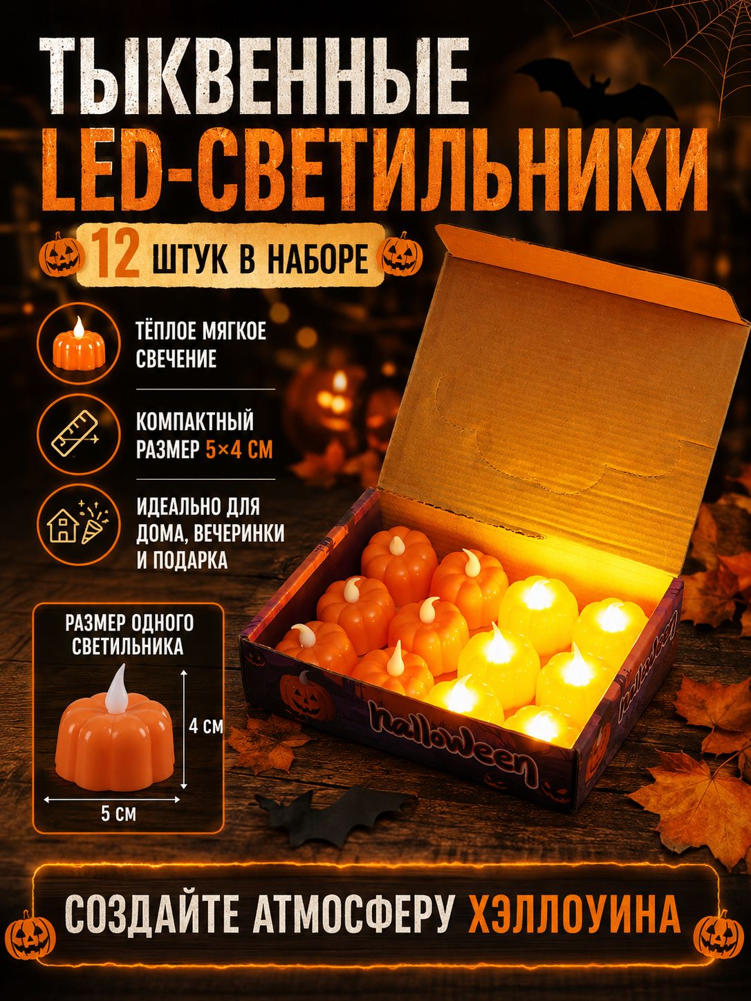 Светодиодная свеча-тыква декоративная оранжевая Party, Реалистичное свечение, Фотобутафория