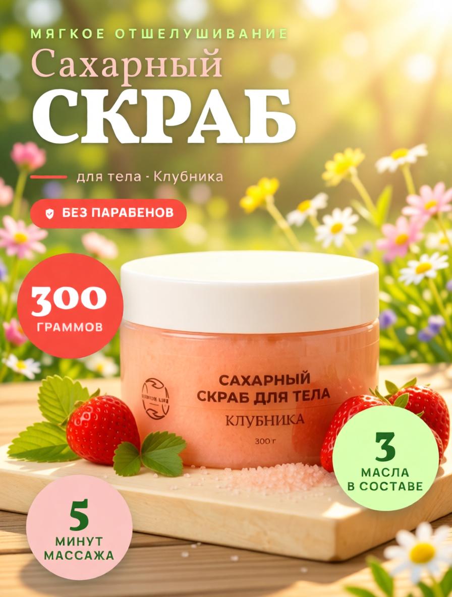 Скраб для тела с ароматом клубника, Скраб для тела увлажняющий сахарный с натуральными маслами