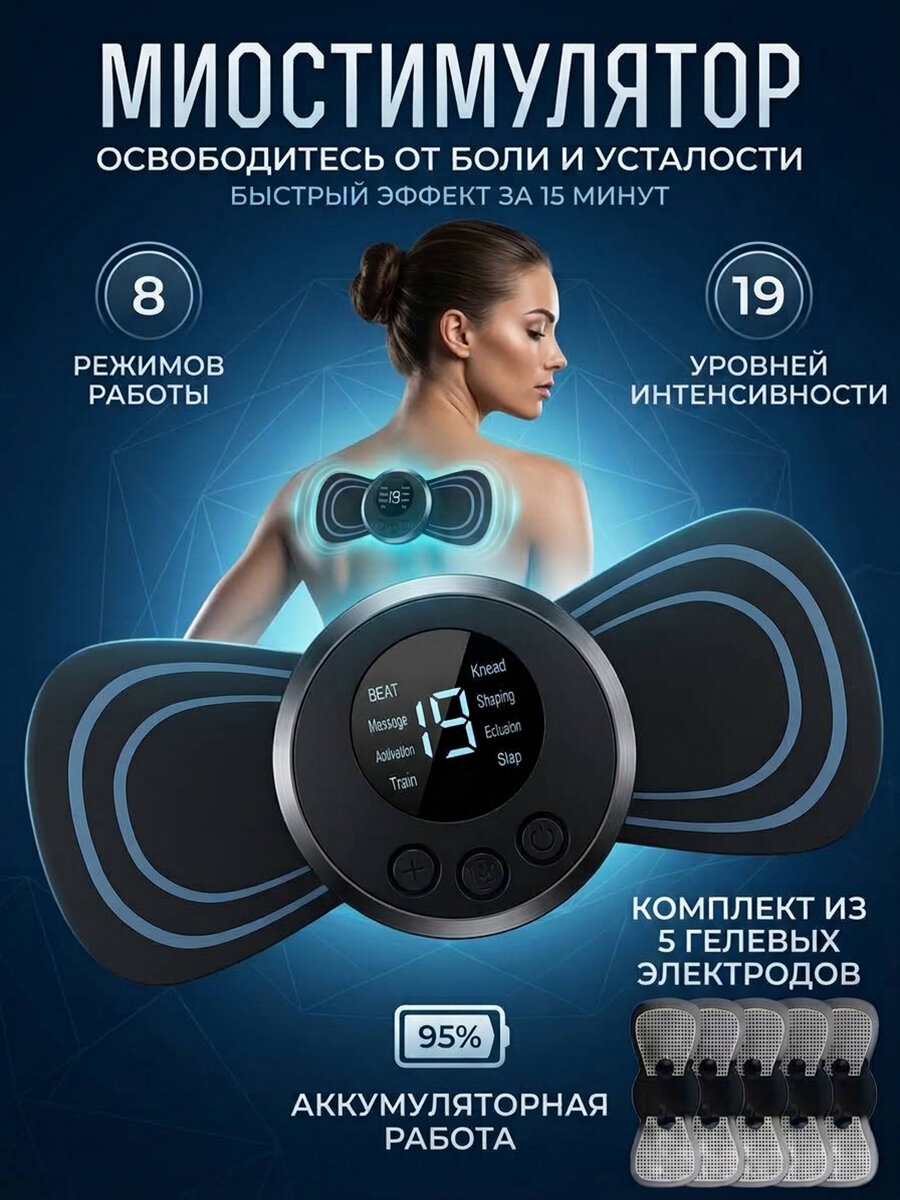 Массажер миостимулятор CCN в комплекте 5 гелевых электродов I 8 режимов 19 уровней I беспроводной | синий