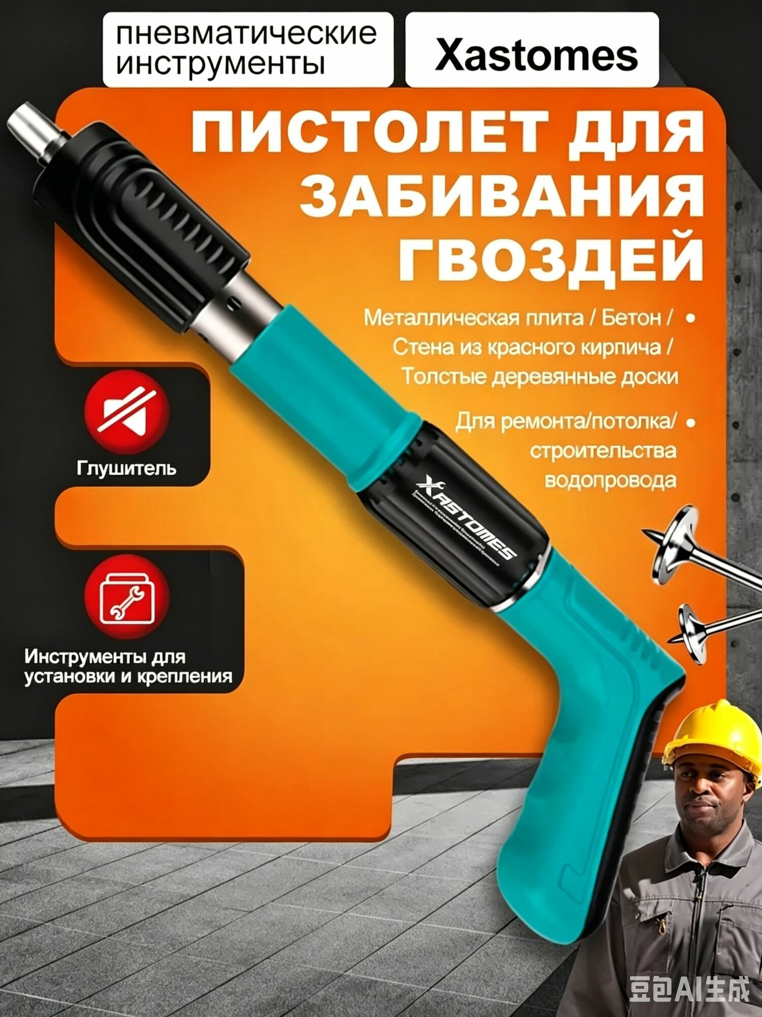 Xastomes пистолет гвоздезабивной пневматический, Подходит для металлических плит/бетона/толстой деревянной доски, набор из 18 предметов
