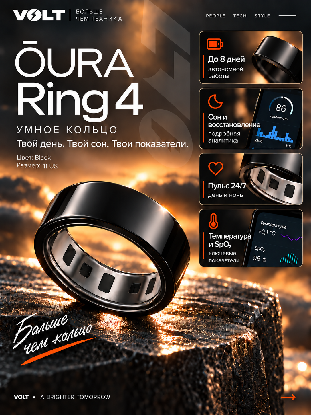 Смарт-кольцо Oura Ring 4 Black Size US11
