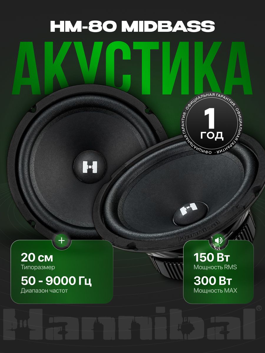 Динамики автомобильные Deaf Bonce Hannibal HM-80 midbass, динамики 20см, Alphard