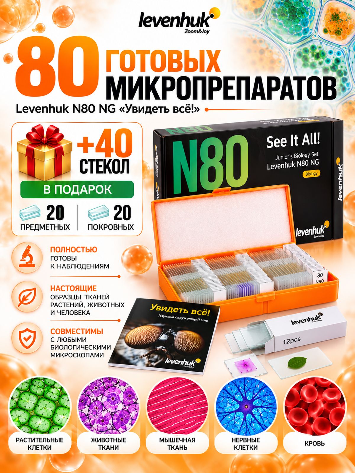 Levenhuk N80 NG Увидеть все! набор микропрепаратов для опытов с микроскопом