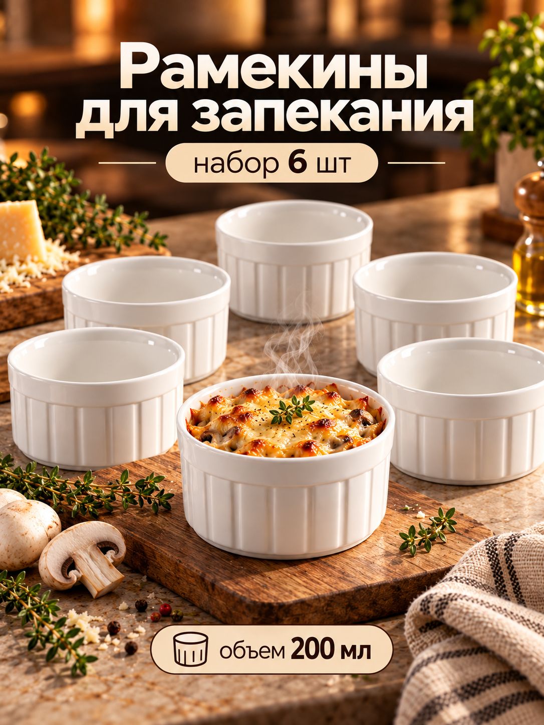 Кокотница 6 шт, рамекин, 200 мл, форма для запекания